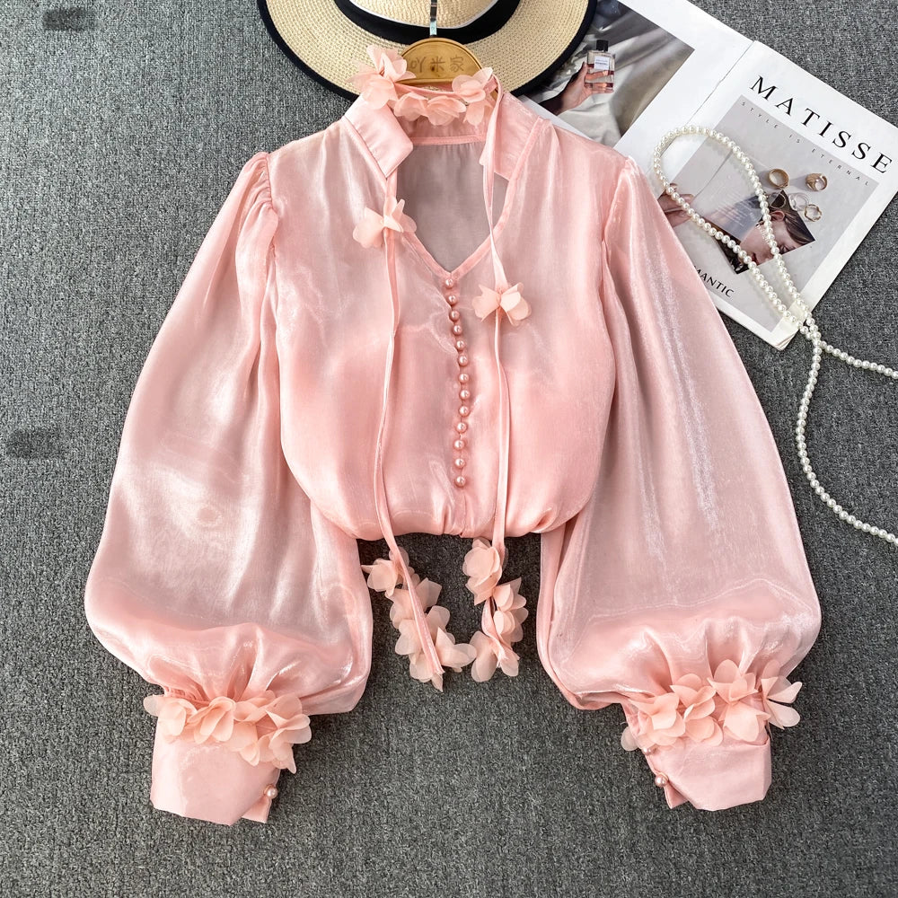 Sheer Pink Blouse With Floral Embellished Sleeves on Luulla