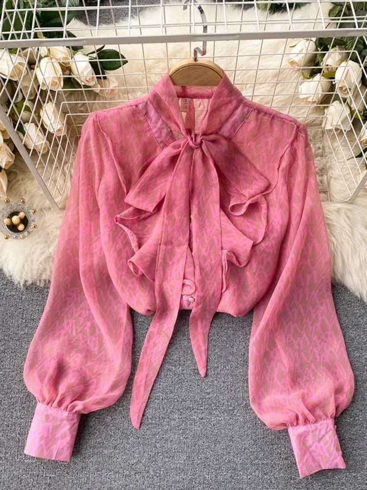 Chic Pink Chiffon Bow-tie Blouse Top on Luulla