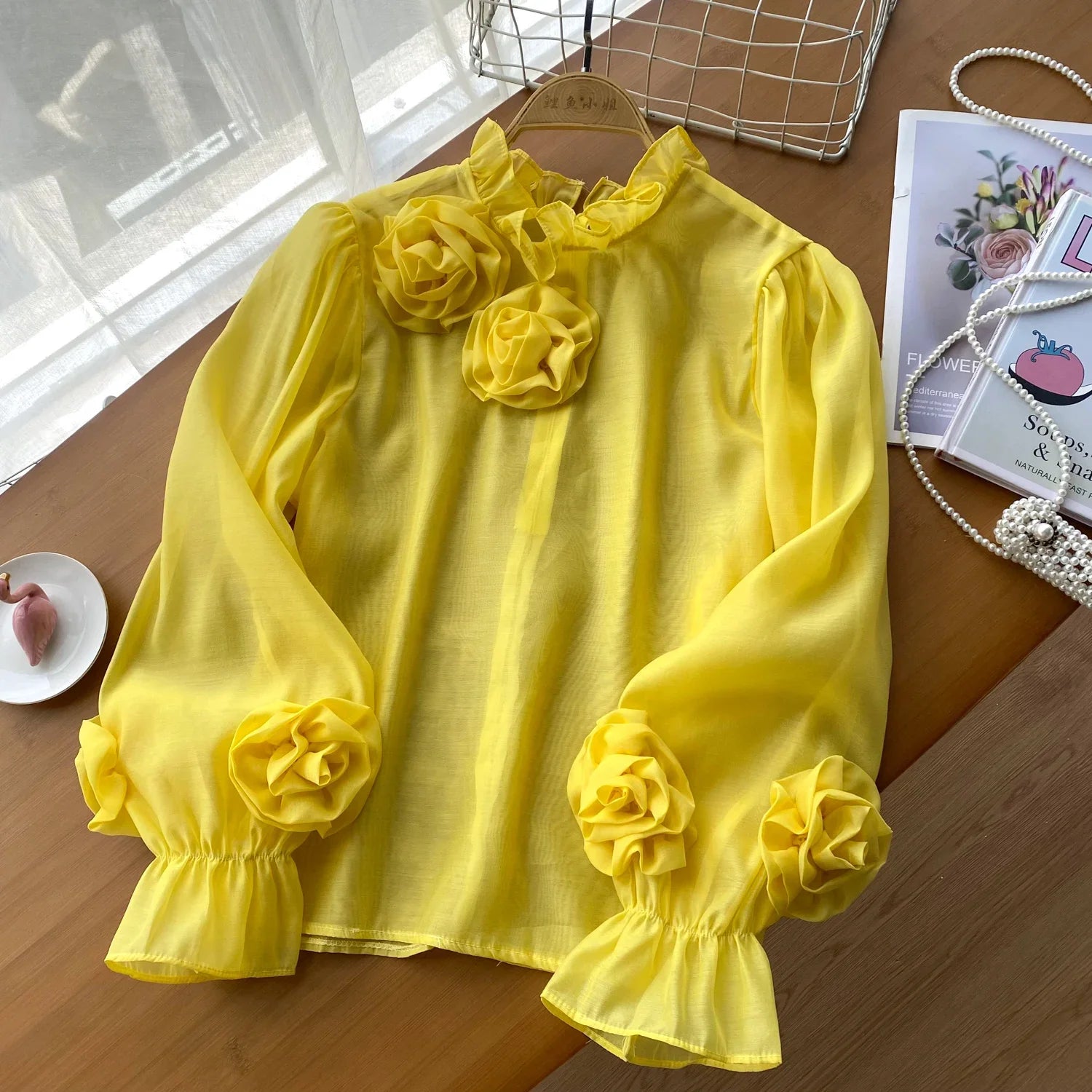 Bright Yellow Blouse With Floral Ruffle Accents on Luulla
