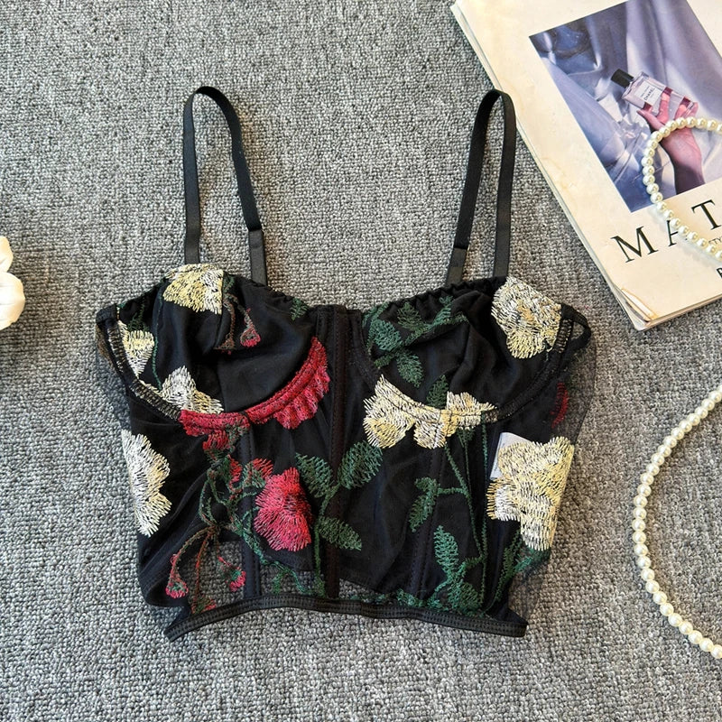 Floral Embroidered Sheer Mesh Bustier Crop Top on Luulla