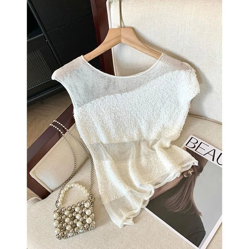Sheer Lightweight Knit Top With Delicate Detailing on Luulla
